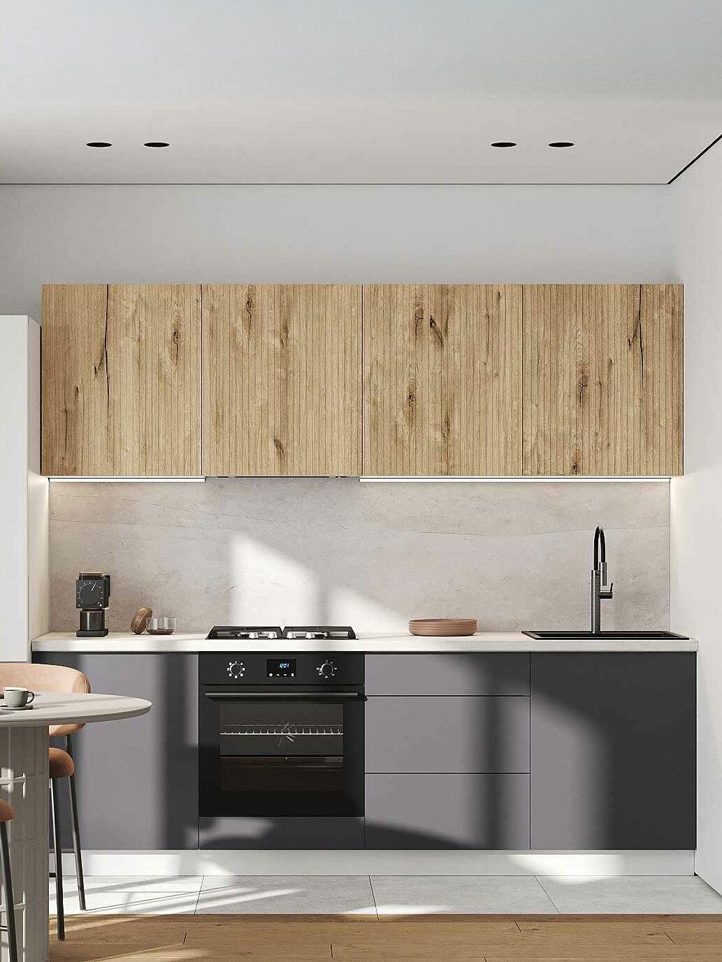 Кухонный гарнитур Комби 2.4 м, мебель для дома и кухни, Белый / Дуб Торонто / Графит