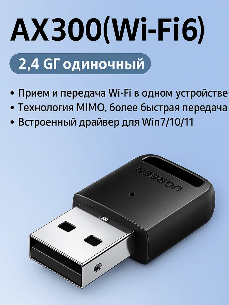 WiFi 6 адаптер UGREEN AX300, USB приёмник 2.4 ГГцCM 760, черный