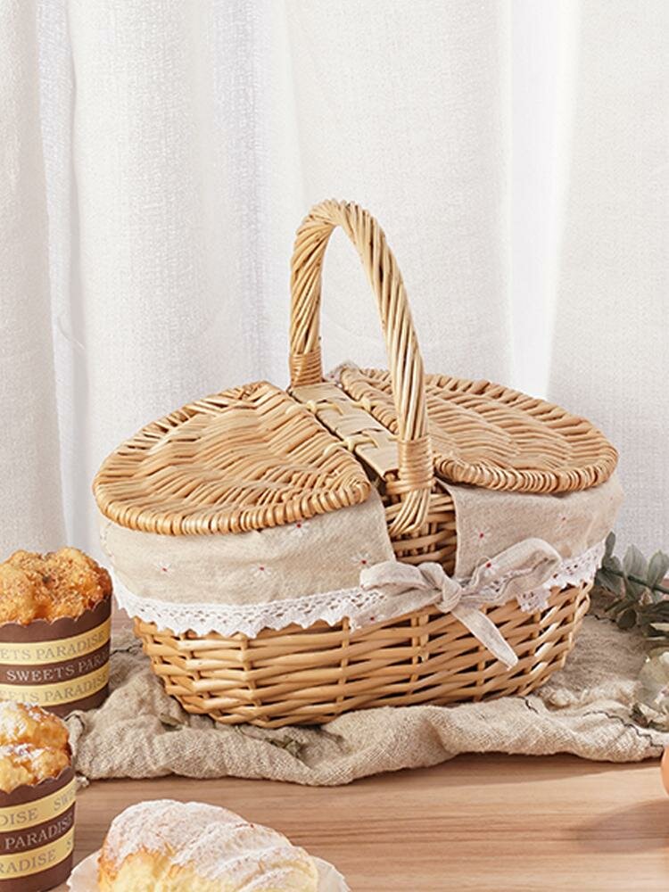 Корзина для пикника из ротанга на открытом воздухе, овальная, плетеная вручную корзина с крышкой