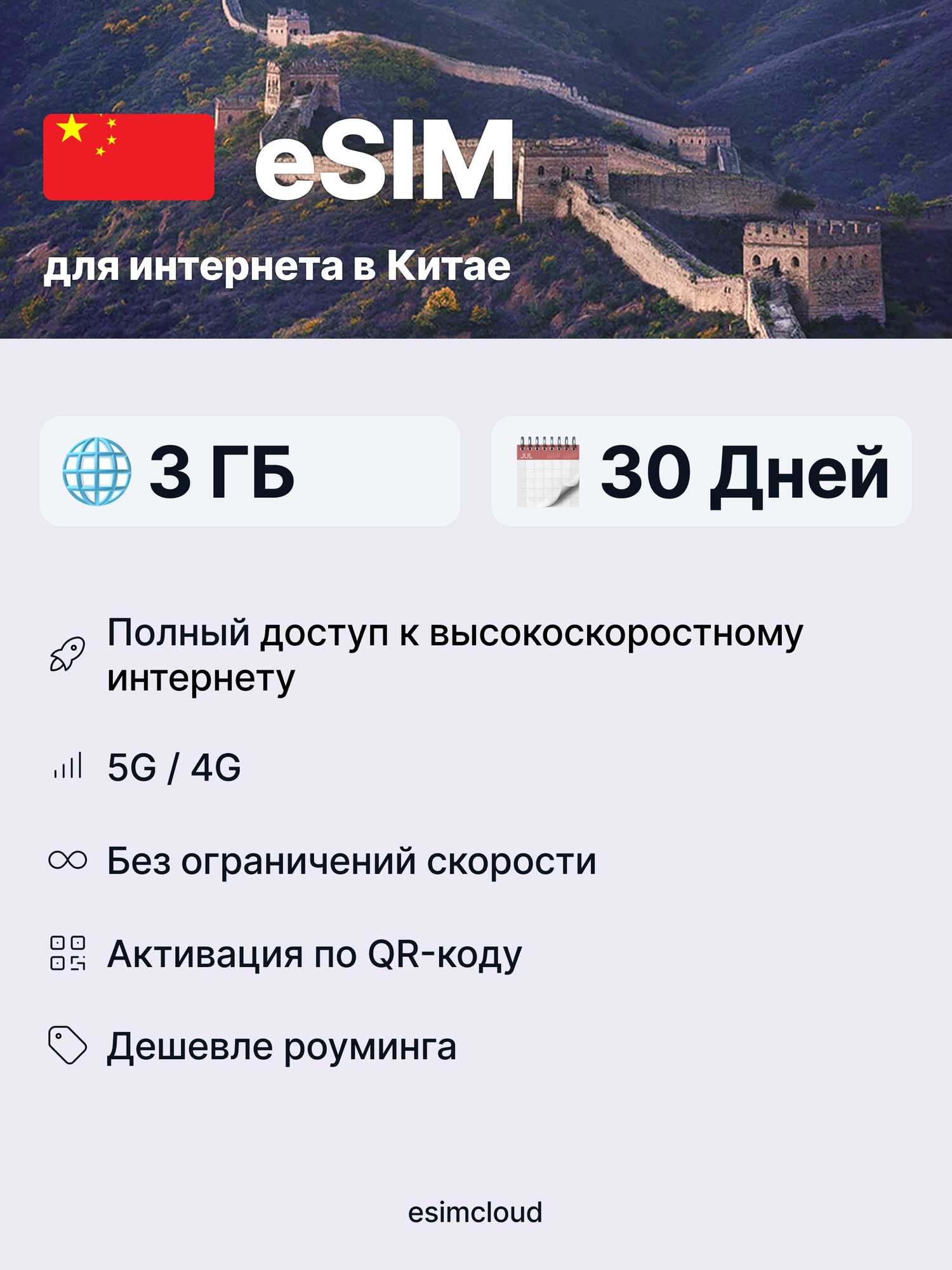 ESIM для Китая 3 ГБ / 30 дней • Мобильный интернет • Универсальная eSIM • 4G LTE / 5G • Смартфон и планшет