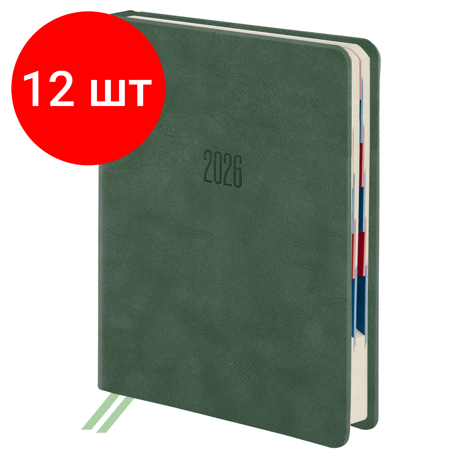 Комплект 12 шт, Ежедневник датированный 2026 B6 125х173 мм, GALANT "Vivid", под кожу, зеленый, 117409