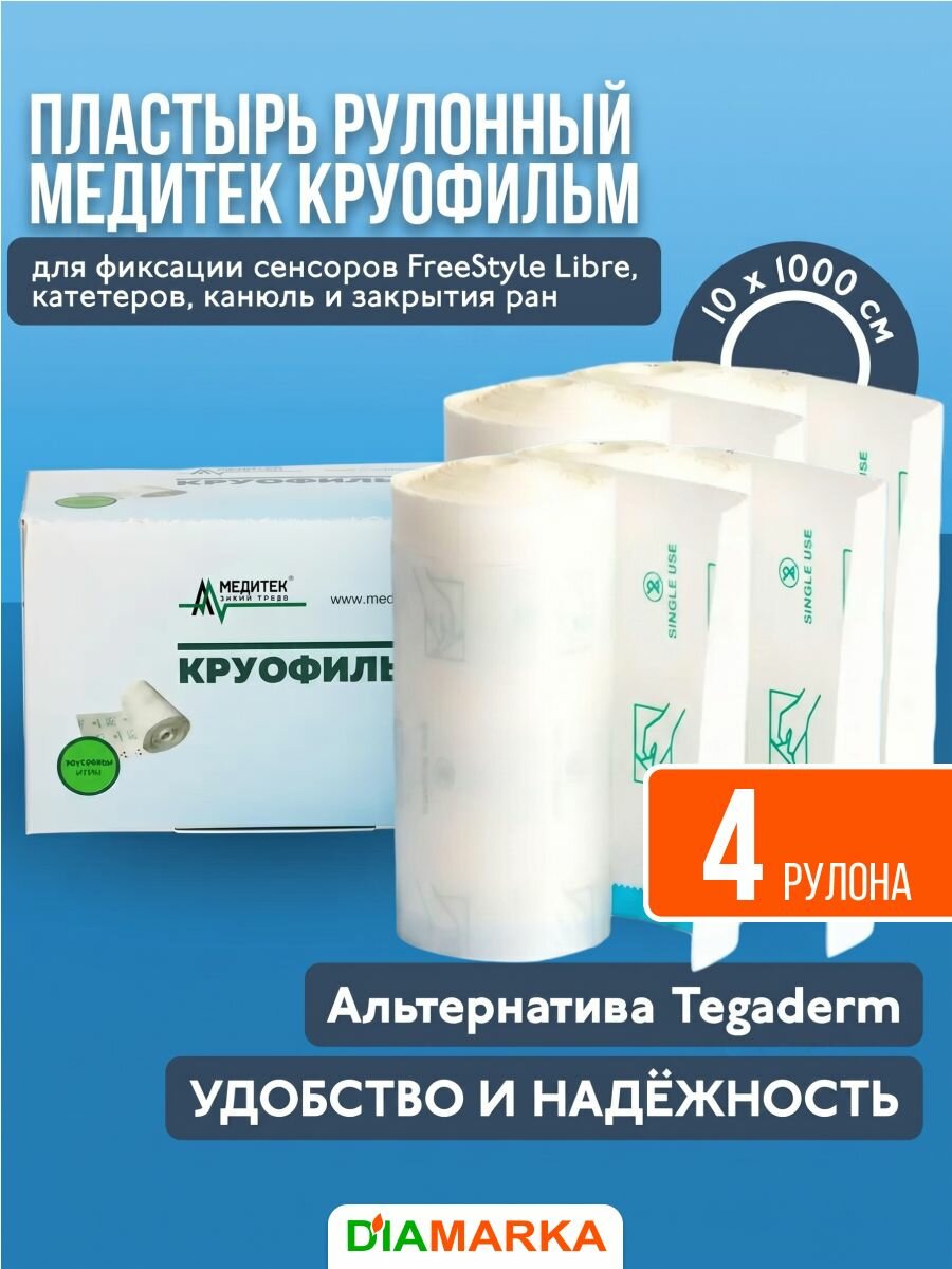 Пластыри рулонные Медитек Круофильм, 10х1000 см, для сенсоров FreeStyle Libre, катетеров, канюль, закрытия ран, 4 шт.