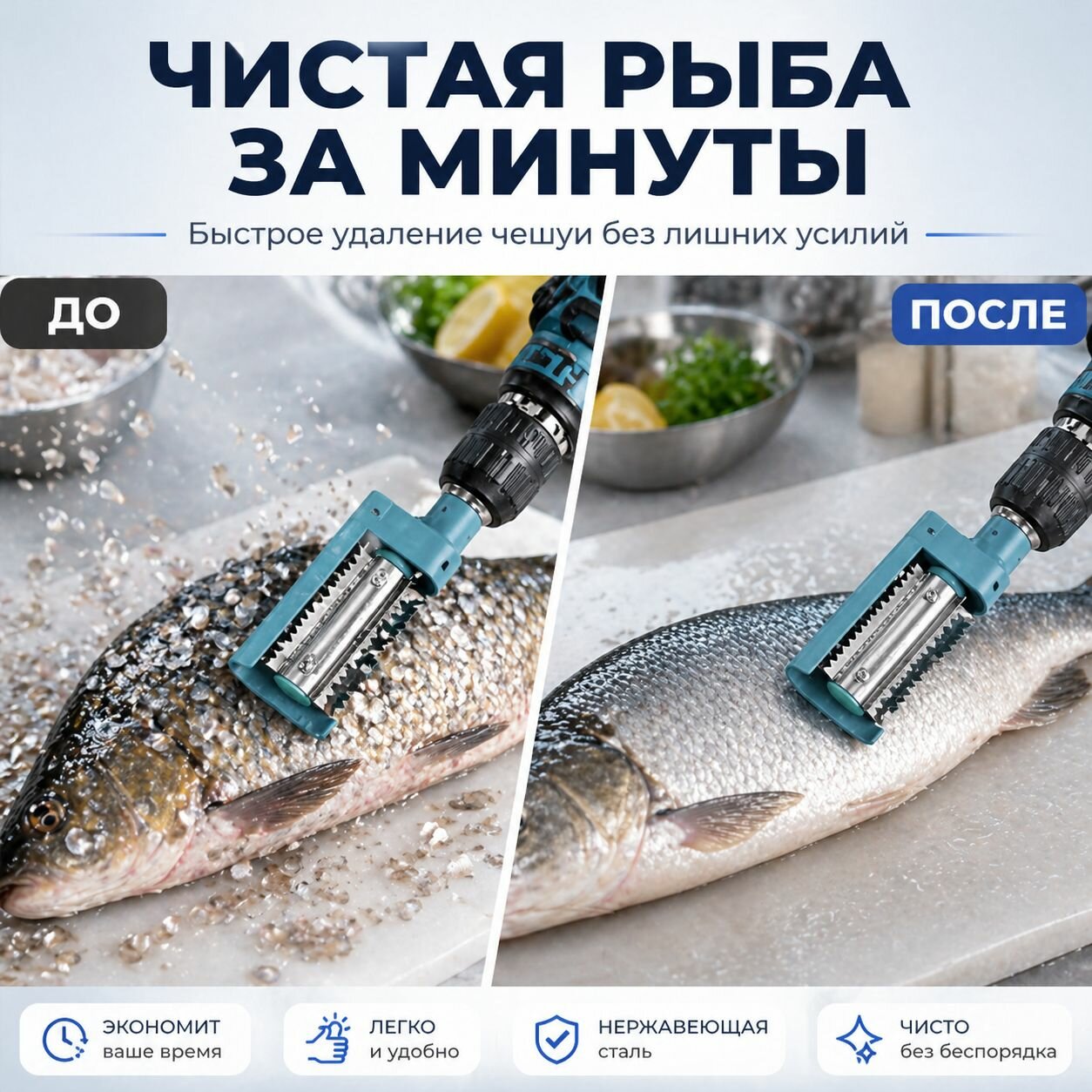 Электронасадка для удаления чешуи рыбы быстро и чисто