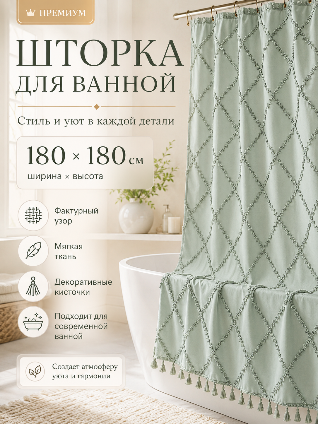 Штора для ванной тканевая, высота 180 см, ширина 180 см, водоотталкивающая, прочная, для ванной комнаты и душа дома