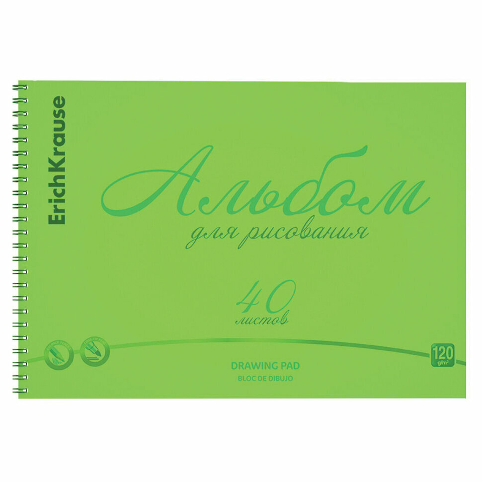 Альбом для рисования обложка пластик, А4, 40 л, гребень, 120 г/м2, перфорация, Erich Krause, "Neon", зеленый, 58605, 6 штук, 116379