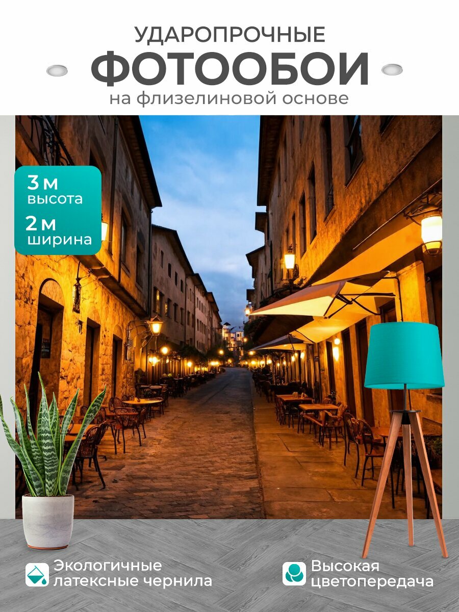 Фотообои моющиеся ударопрочные "Грузия, старинные улицы тбилиси с узкими улочками, особняками с резьбой, прелести архитектуры и улиц, вечерние огни," 300x300 см. флизелиновые на стену