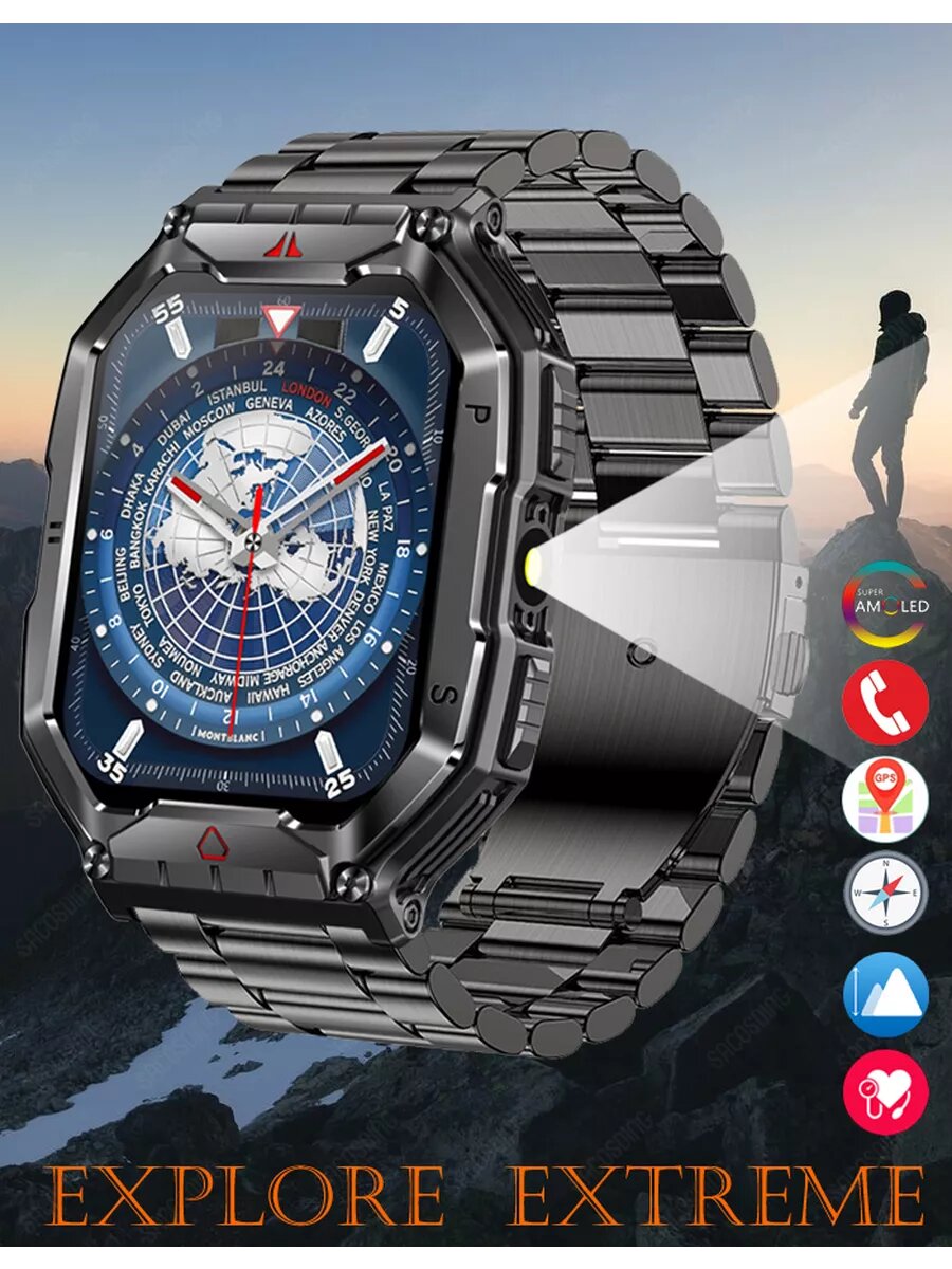 Умные смарт часы smart watch c компасом GPS AMOLED Фонарик