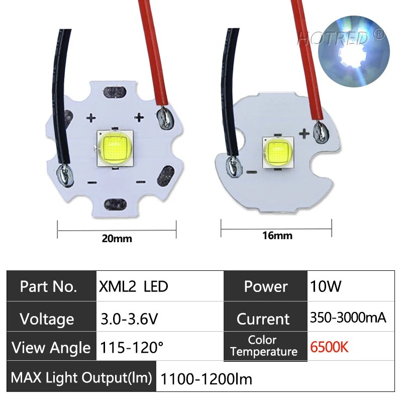 Светодиоды HotRed XLM T6 XMLL2 5050 XML2-Cold White, 20mm Led With Wire