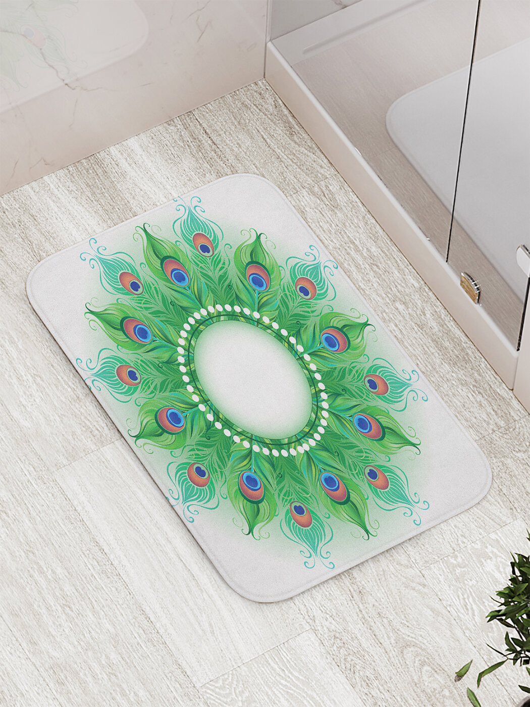 Коврик для ванной комнаты, туалета "Векторные перья павлина" противоскользящий, 52х77 см, JoyArty