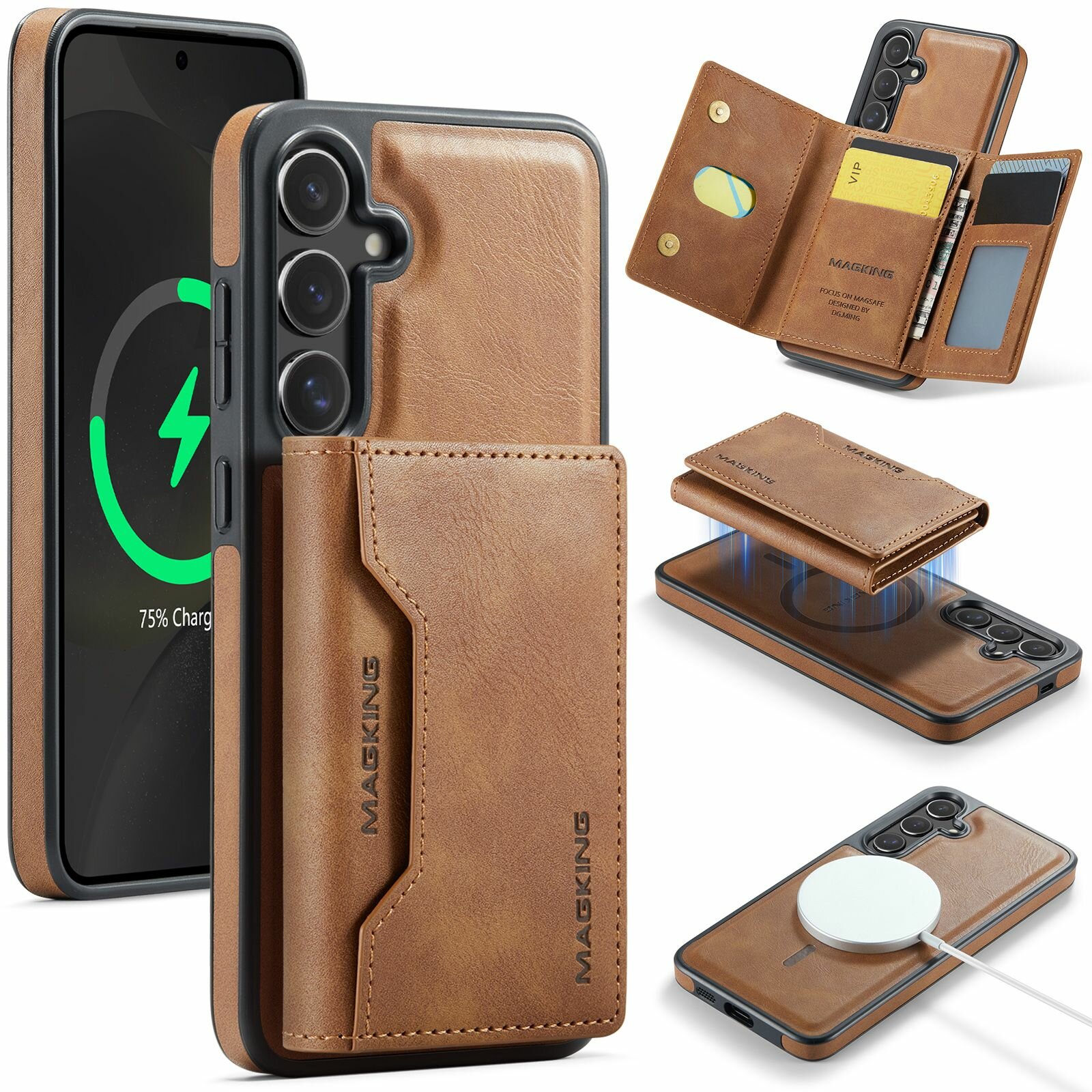 DG.Ming Чехол для Samsung Galaxy S24+/S24 Plus (Самсунг Галакси C24+/C24 Плюс) Magsafe кожаный чехол-кошелек защитный чехол для телефона с сильным магнитом/кронштейном/блокировкой RFID