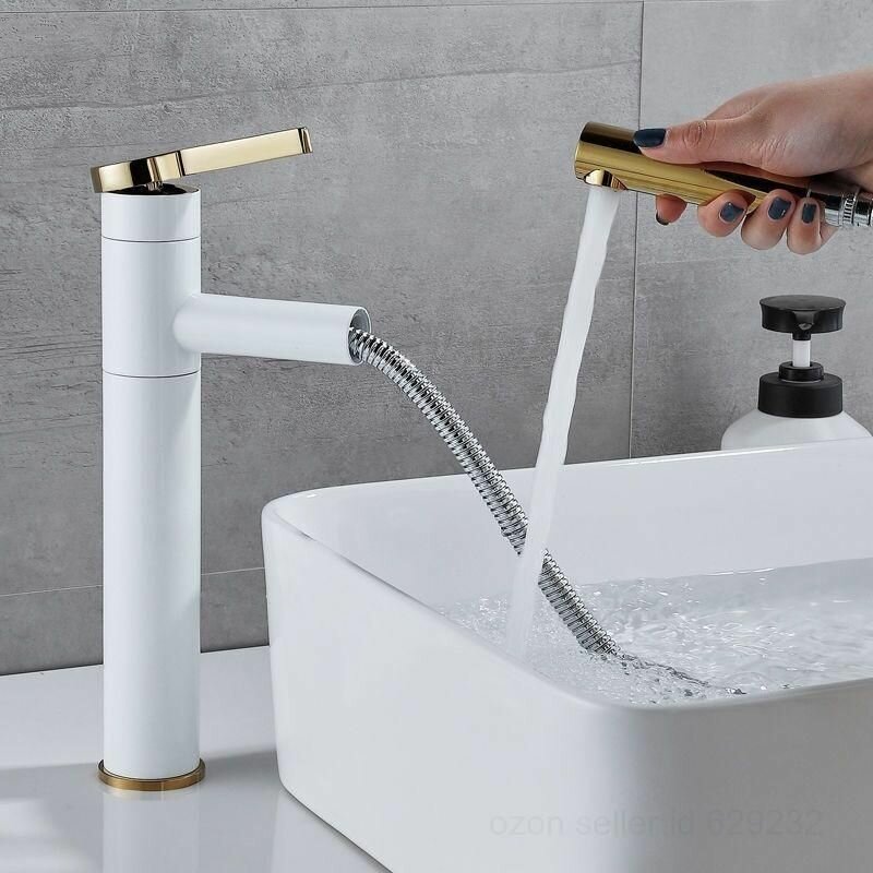 Вращающийся кран для горячей и холодной воды, вращение на 360 градусов, подтягивание, белый + позолота, 2 водопроводные трубы в комплекте