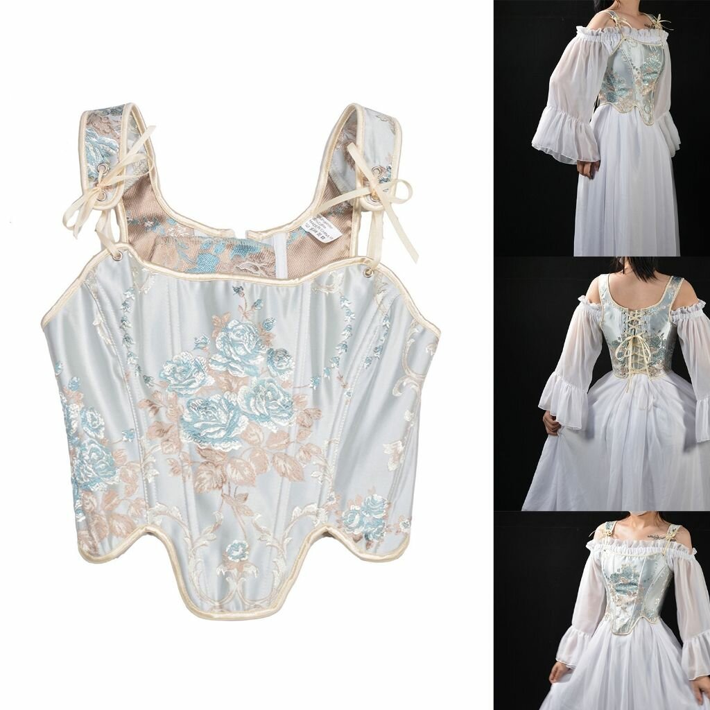 Винтажный женский корсет с вышивкой, укороченный топ, костюм, аксессуар для платья, на шнуровке, завязками, женщин, корсеты из рыбьей кости