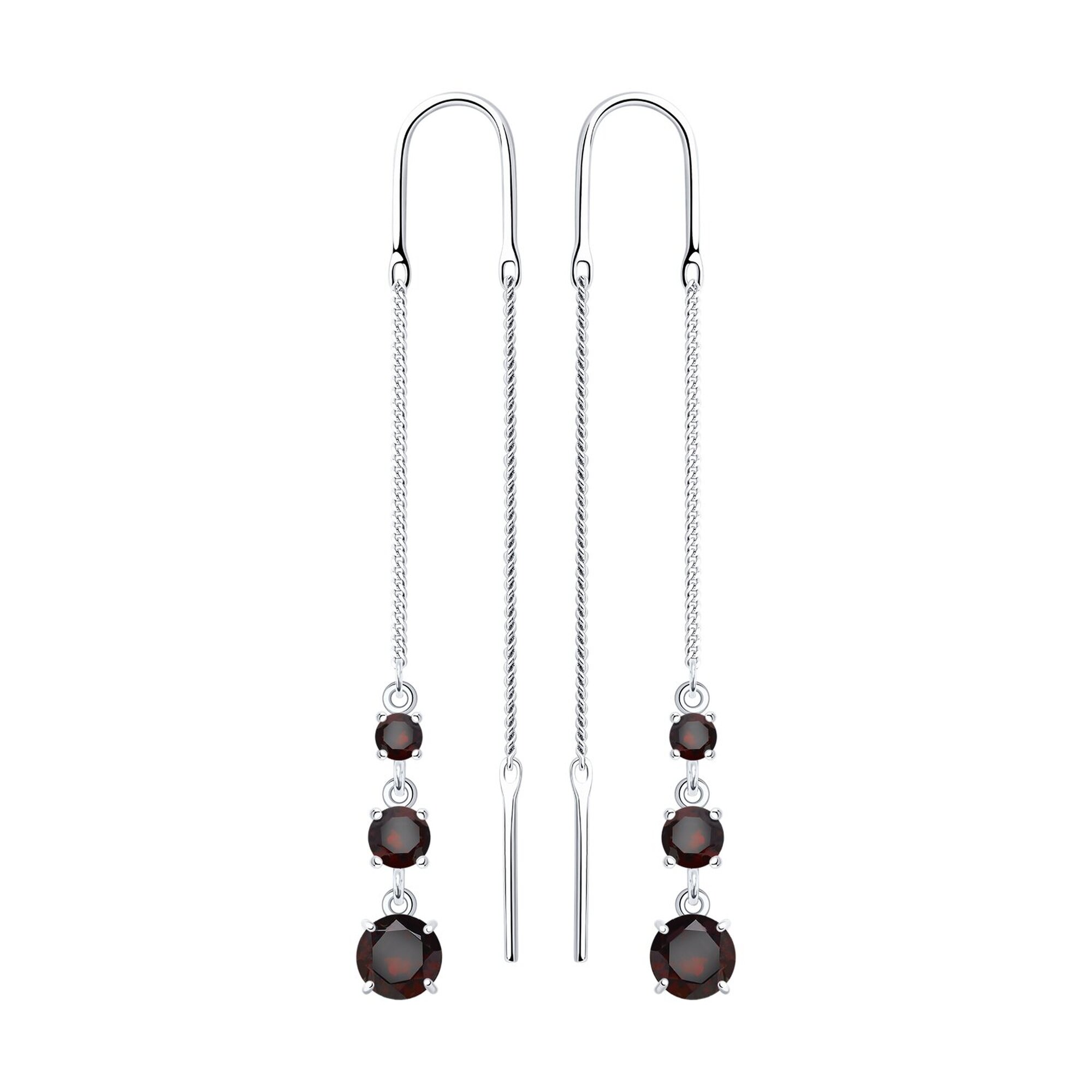 Серьги цепочки, серебро, 925 проба, родирование, гранат