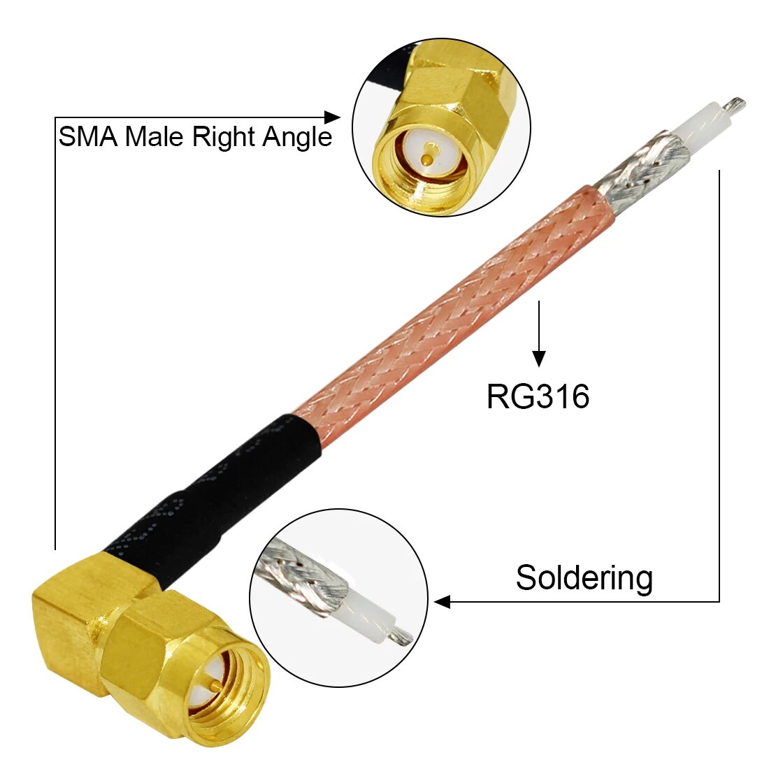 SMA Male Right Angle Pigtail RG316, 30cm, SMAJW-solder