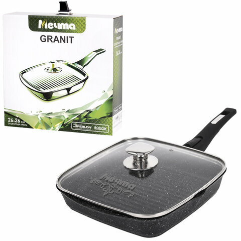 Сковорода гриль квадратная 26 см, съемная soft-touch ручка, крышка, антипригарное покрытие, мечта "Гранит Black", с066802