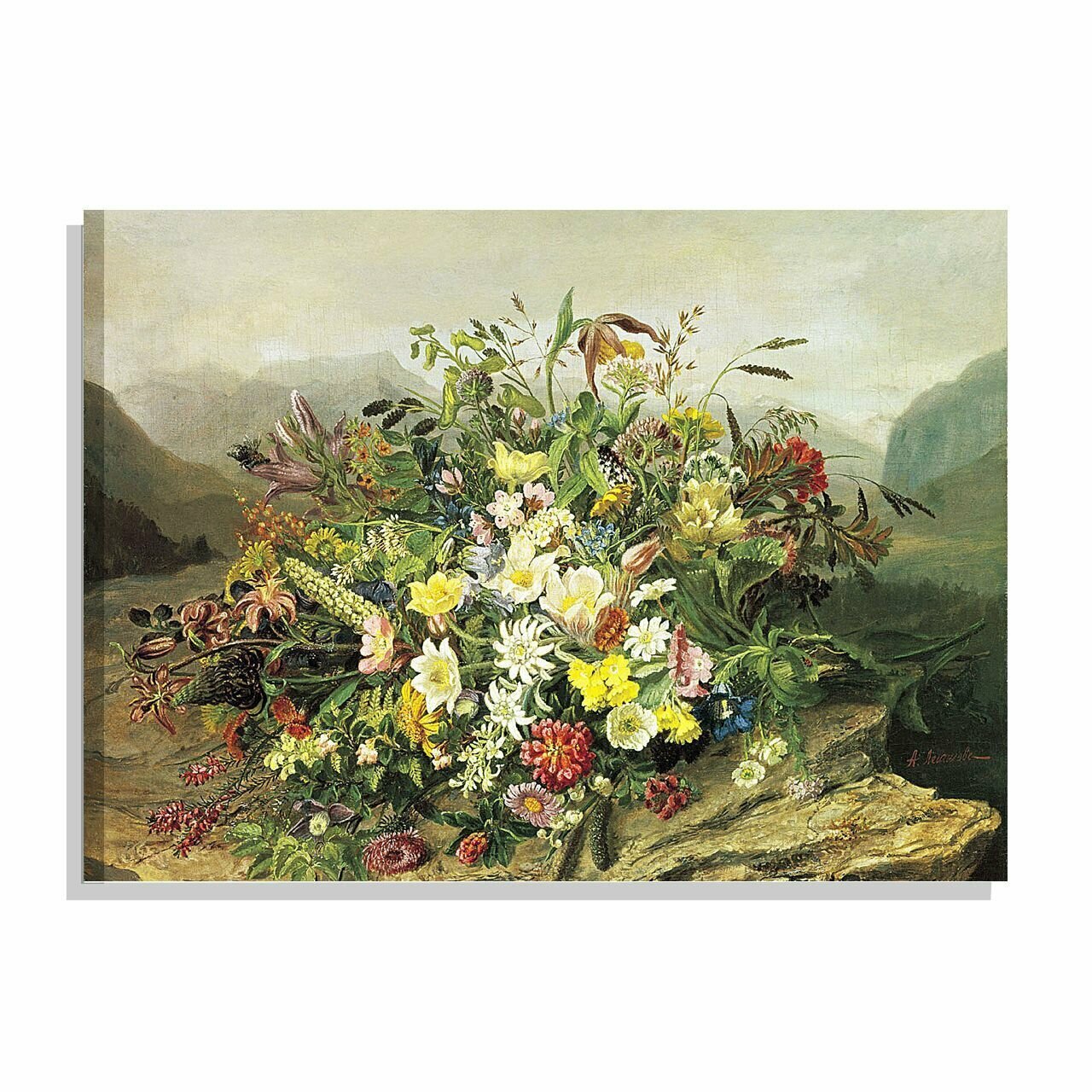 Картина на холсте, репродукция Букет цветов на фоне горного пейзажа - Антон Легашов