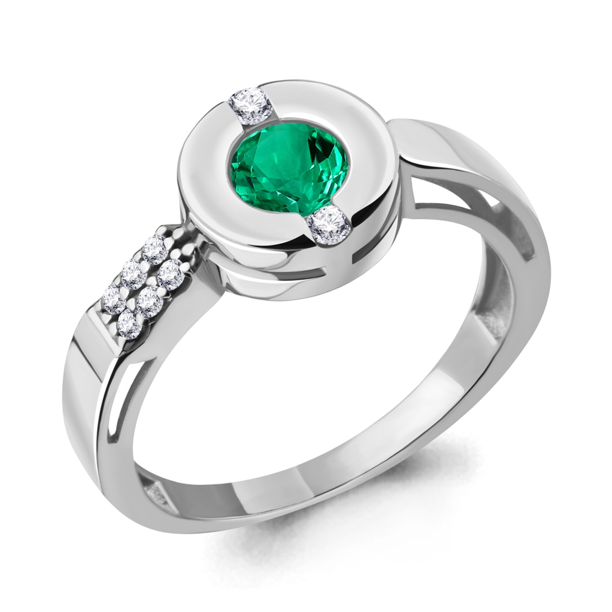 Кольцо, серебро, 925 проба, родирование, фианит, изумруд синтетический