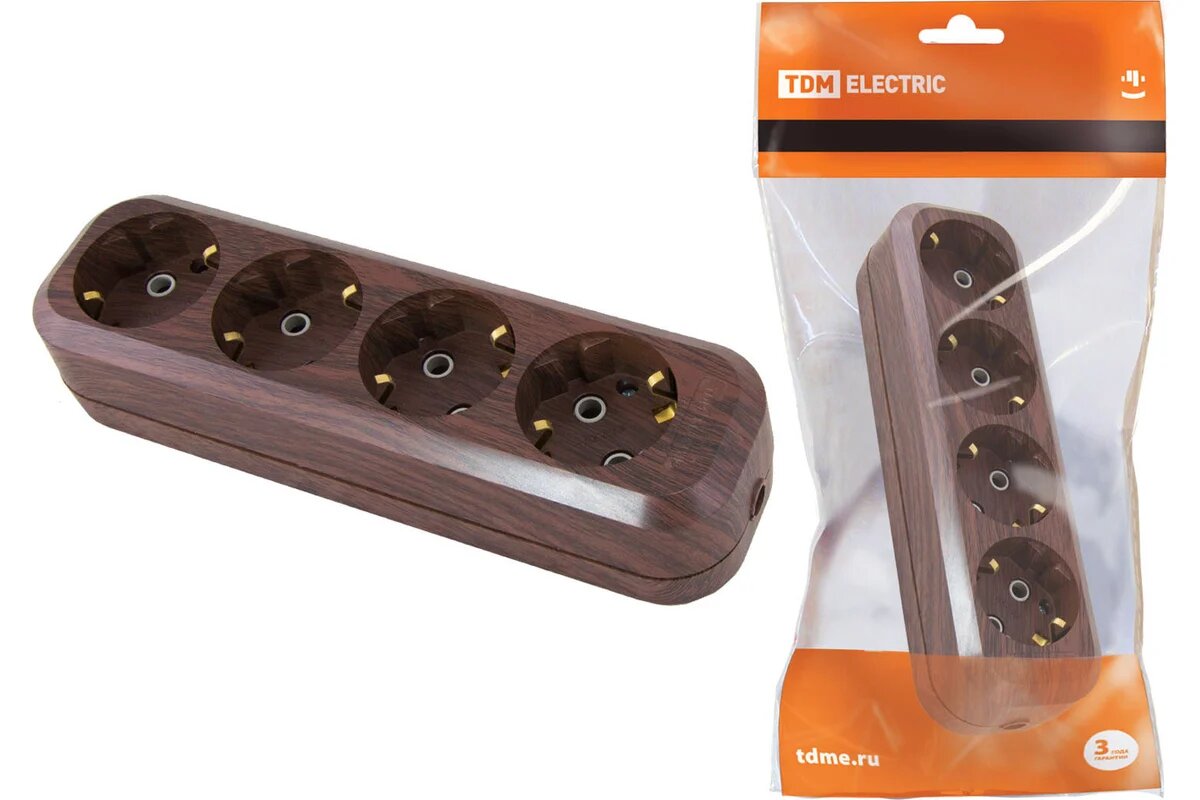 TDM ELECTRIC Колодка для удлинителя 4 гнезда 2П с заземлением, 16А 250В Эко бук SQ1806-0065