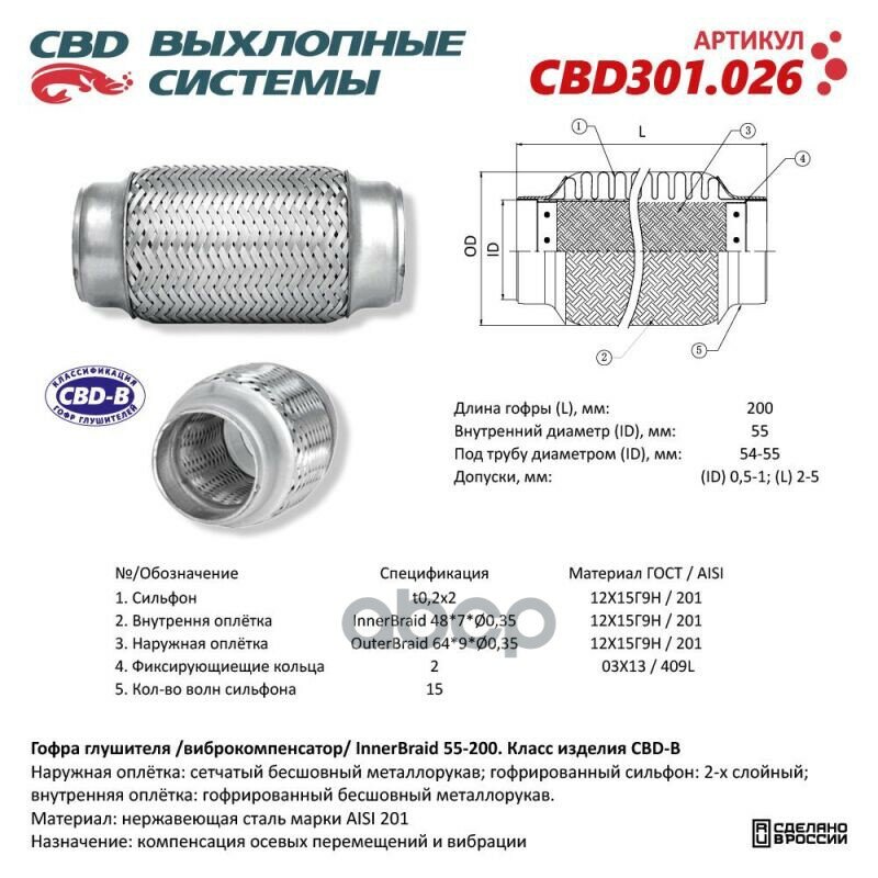 Гофра глушителя 3-сл Innerbraid 55-200. CBD301.026 CBD арт. CBD301026