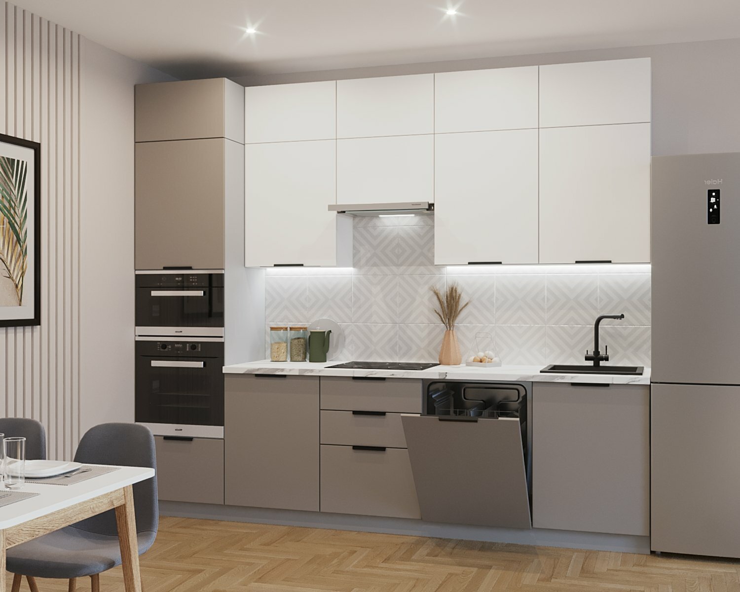 Кухонный гарнитур Обсидиан/Тальк, 3000 мм, фасады МДФ, высота 2500 мм