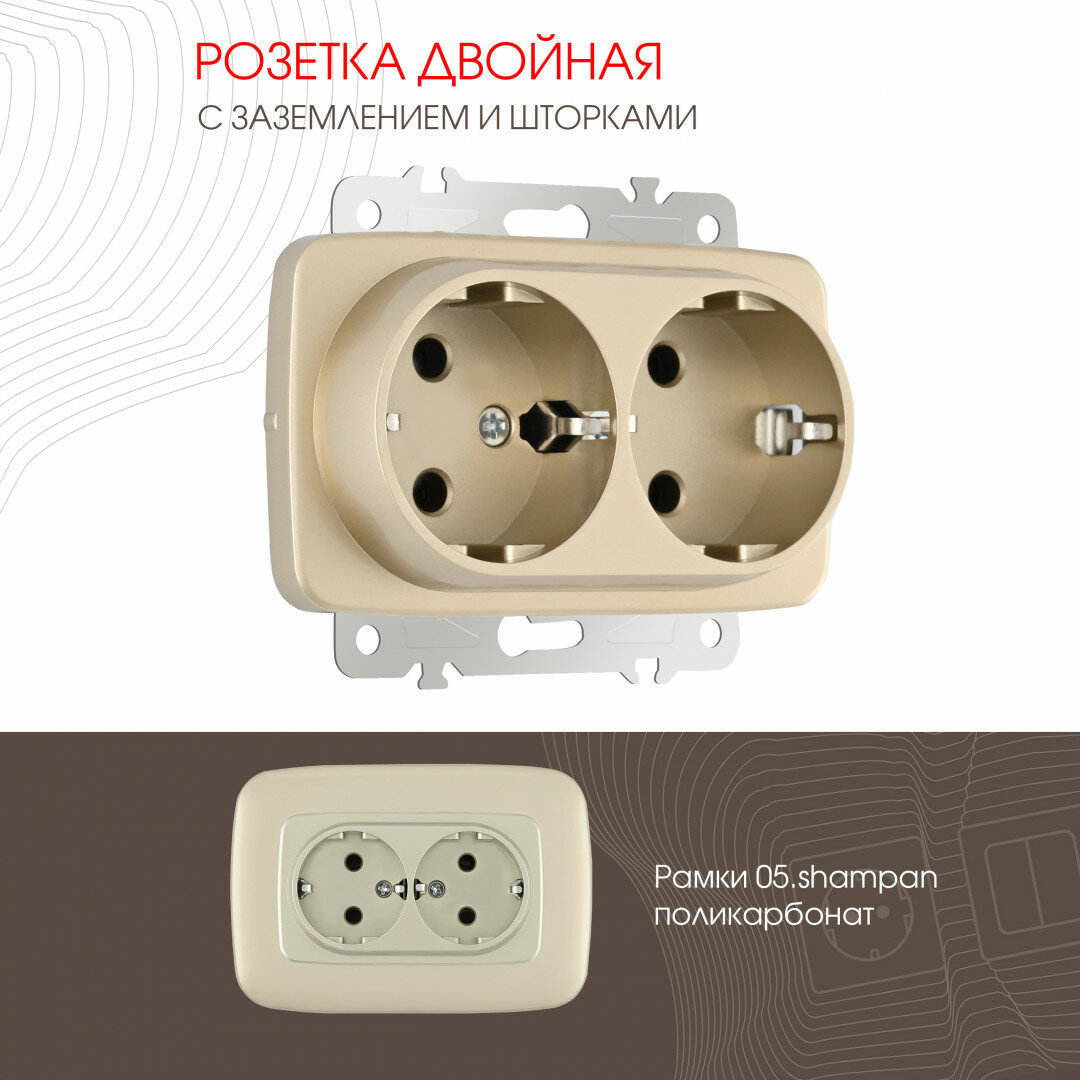 Розетка двойная с заземлением, 16A 250V 205.40-2. shampan Arte Milano
