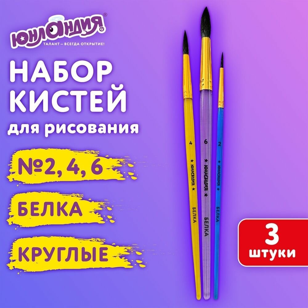 Набор кистей Юнландия Белка, набор 3 шт, круглые № 2, 4, 6, блистер (201071)