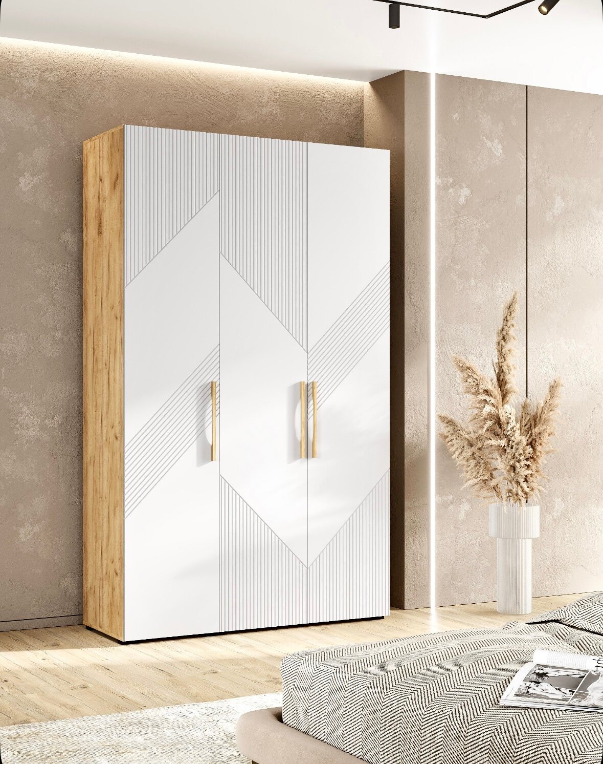 Шкаф Ирис 3х створчатый. 1.35 метра. Дуб Крафт золотой/ Белый матовый