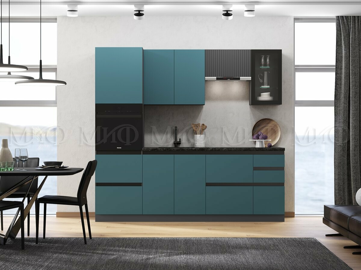 Кухня высокая с пеналом Миф Техно-6 2,4м Атлантик софт/Графит софт NEW/ Кастилло темный, 2400х600 h2224mm