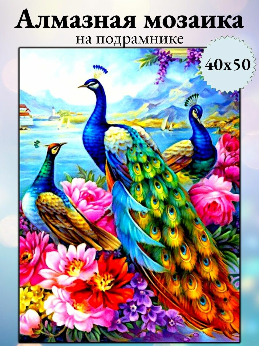 Алмазная мозаика, алмазная живопись на подрамнике 40х50 Картина стразами "3 павлина"