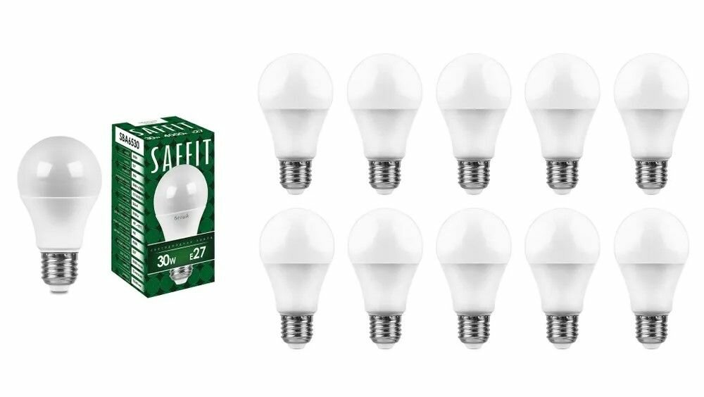 Лампа светодиодная Saffit ЛОН А65 E27 30W(2900lm) 6400K 6K матовая 136x65 SBA6530 комплект 10 штук