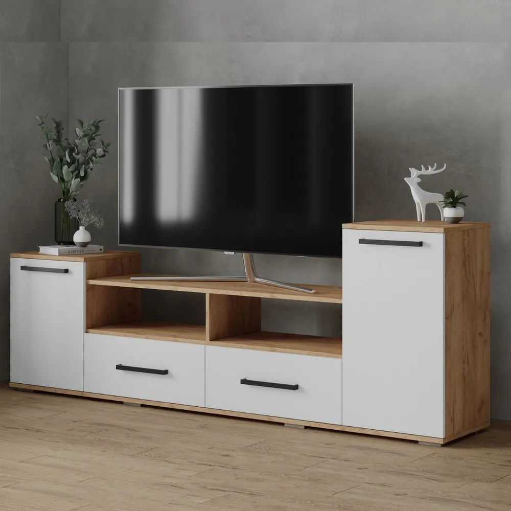 Тумба ТВ Парус-2 Дуб Крафт Золотой/Белый с тиснением "Древесные поры" ЛДСП с ящиками, полками, 750х2000х375 тэкс