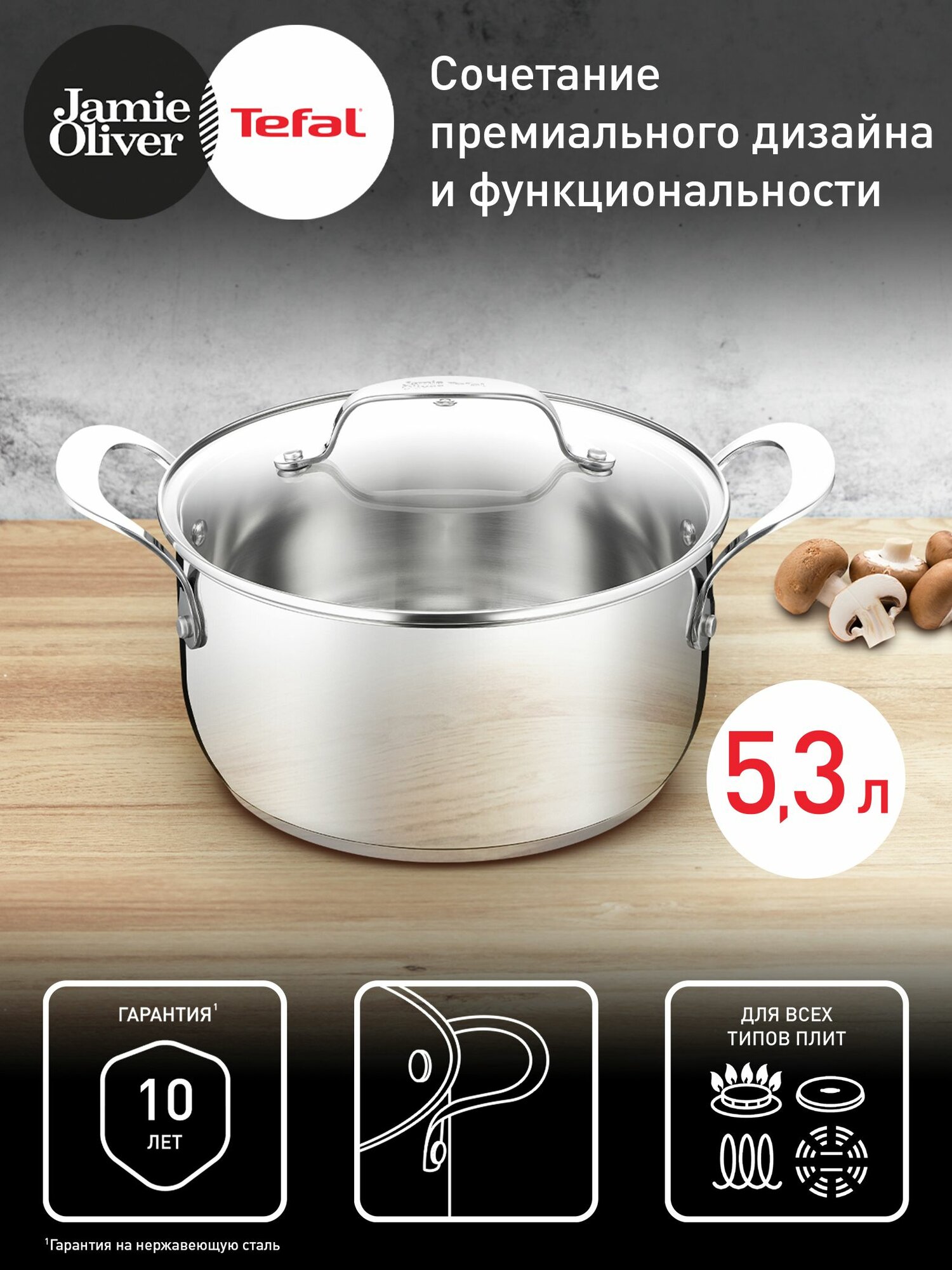 Кастрюля 5.3 л 24 см Tefal Jamie Oliver Kitchen Essentials E3134644 с крышкой, из нержавеющей стали, с мерной шкалой, с толстым дном, для всех типов плит, включая индукционные