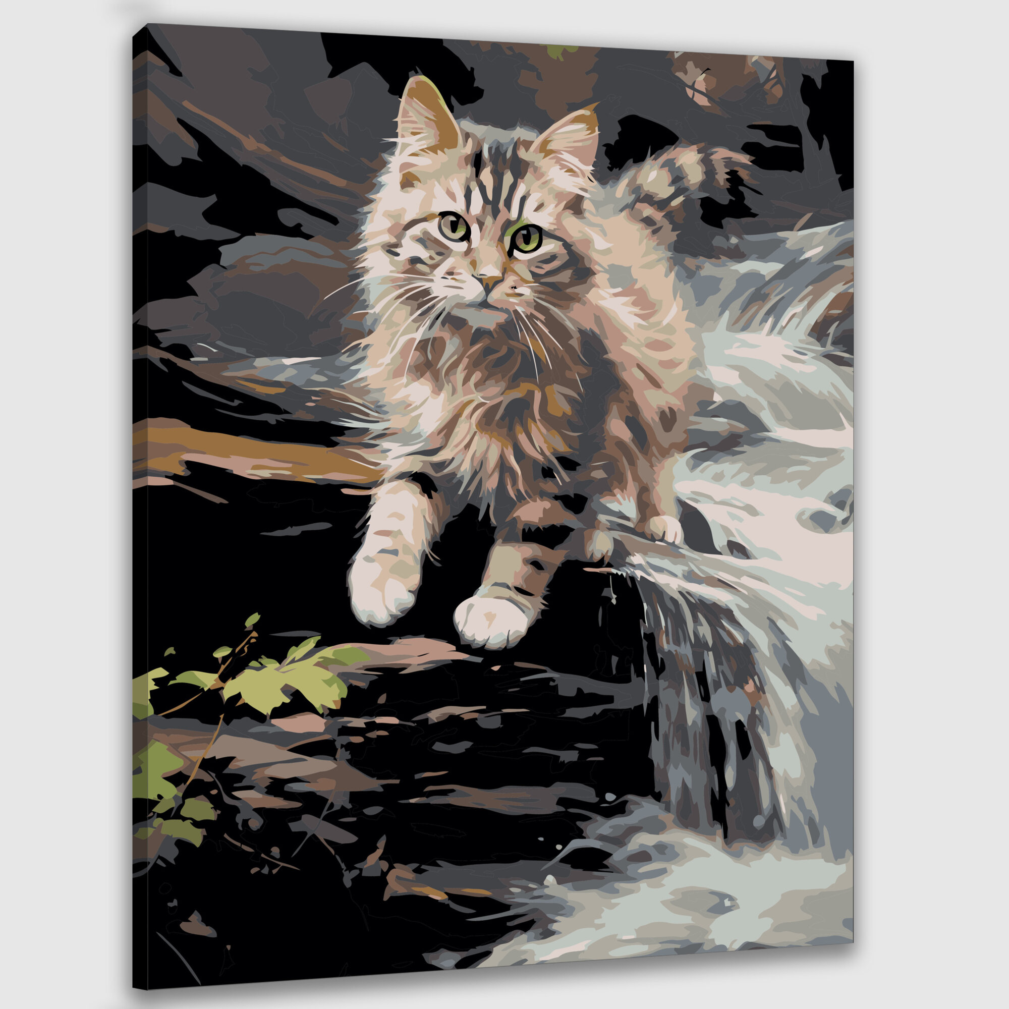 Картина по номерам 40x50 см, кошка, мейн-кун, река, камни, водопады, сосны, природа