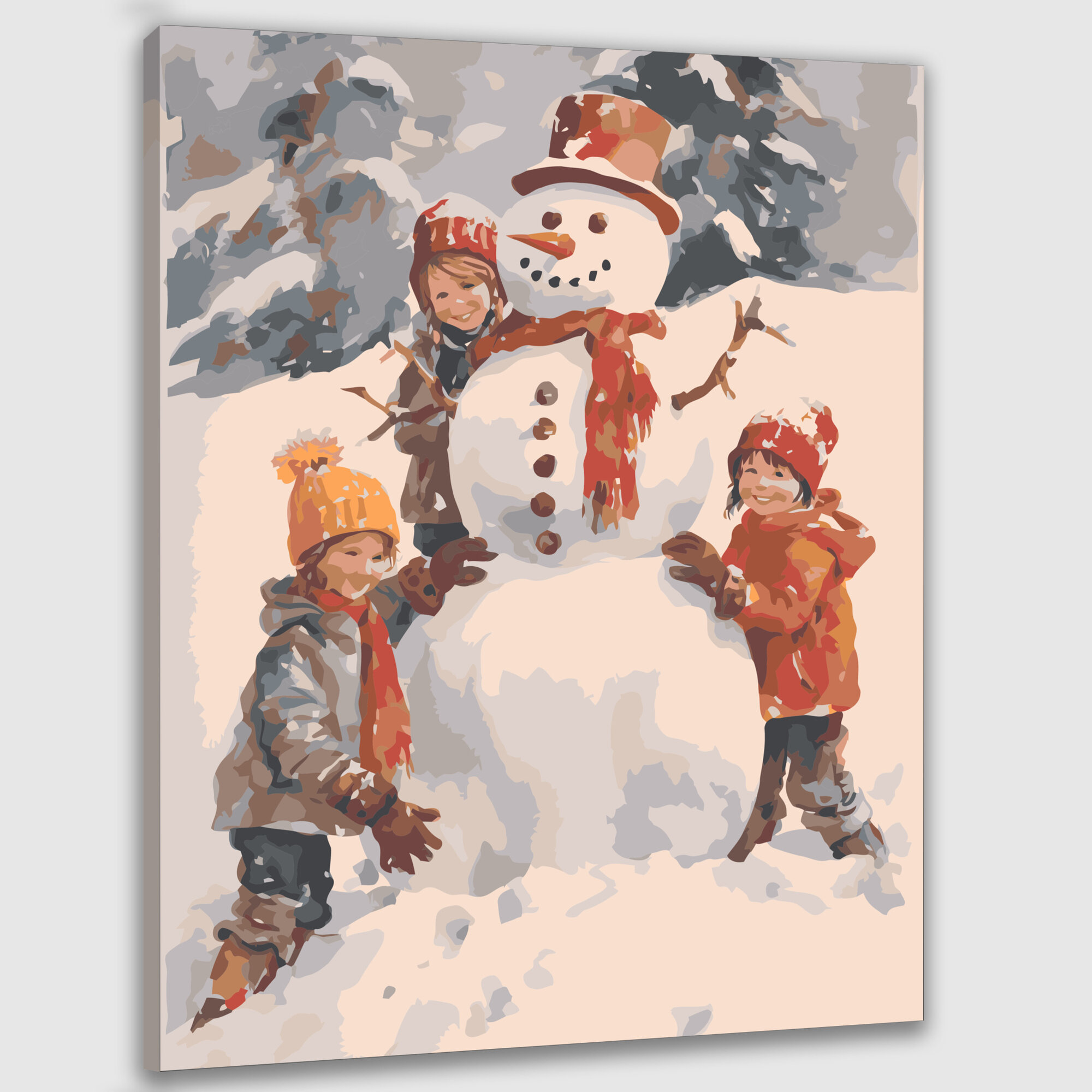 Картина по номерам 40x50 см, дети, снеговик, зимняя страна чудес, яркие цвета, свободные мазки, игривость, радость