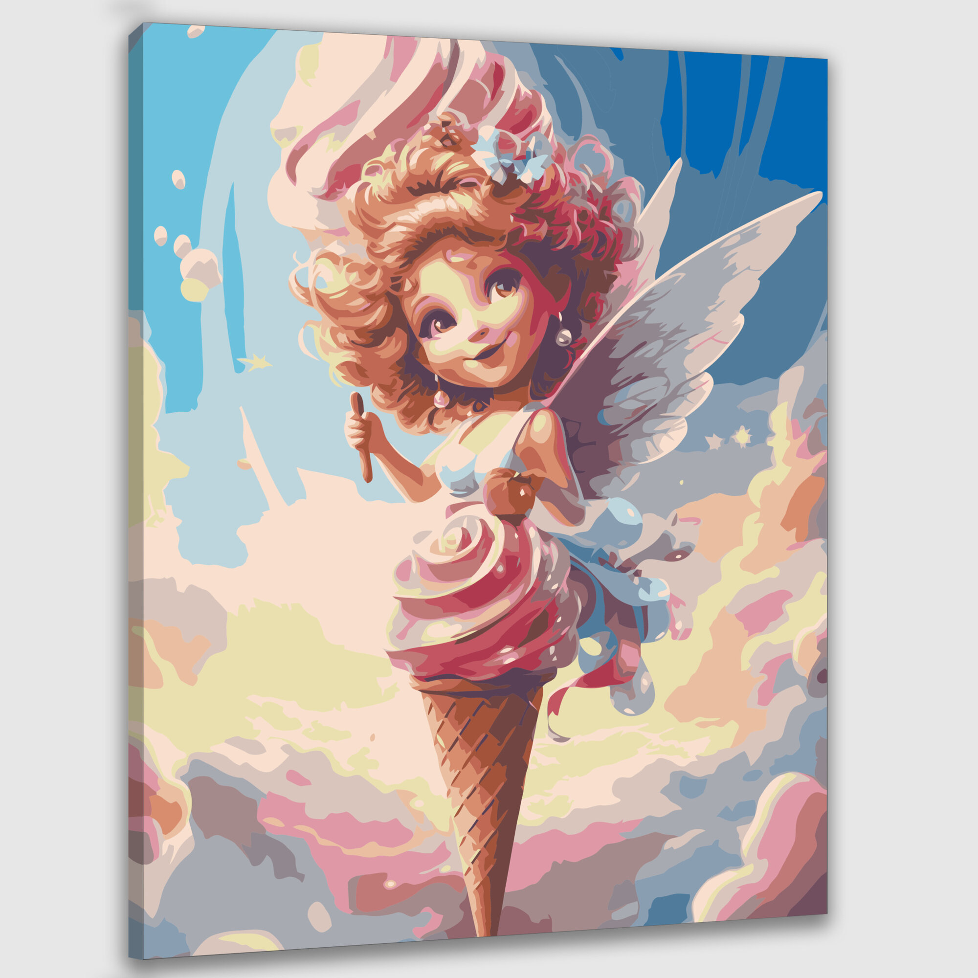 Картина по номерам 40x50 см, фея, крылья, пастельные тона, рожок мороженого, вихрь вкусов, облака из сахарной ваты
