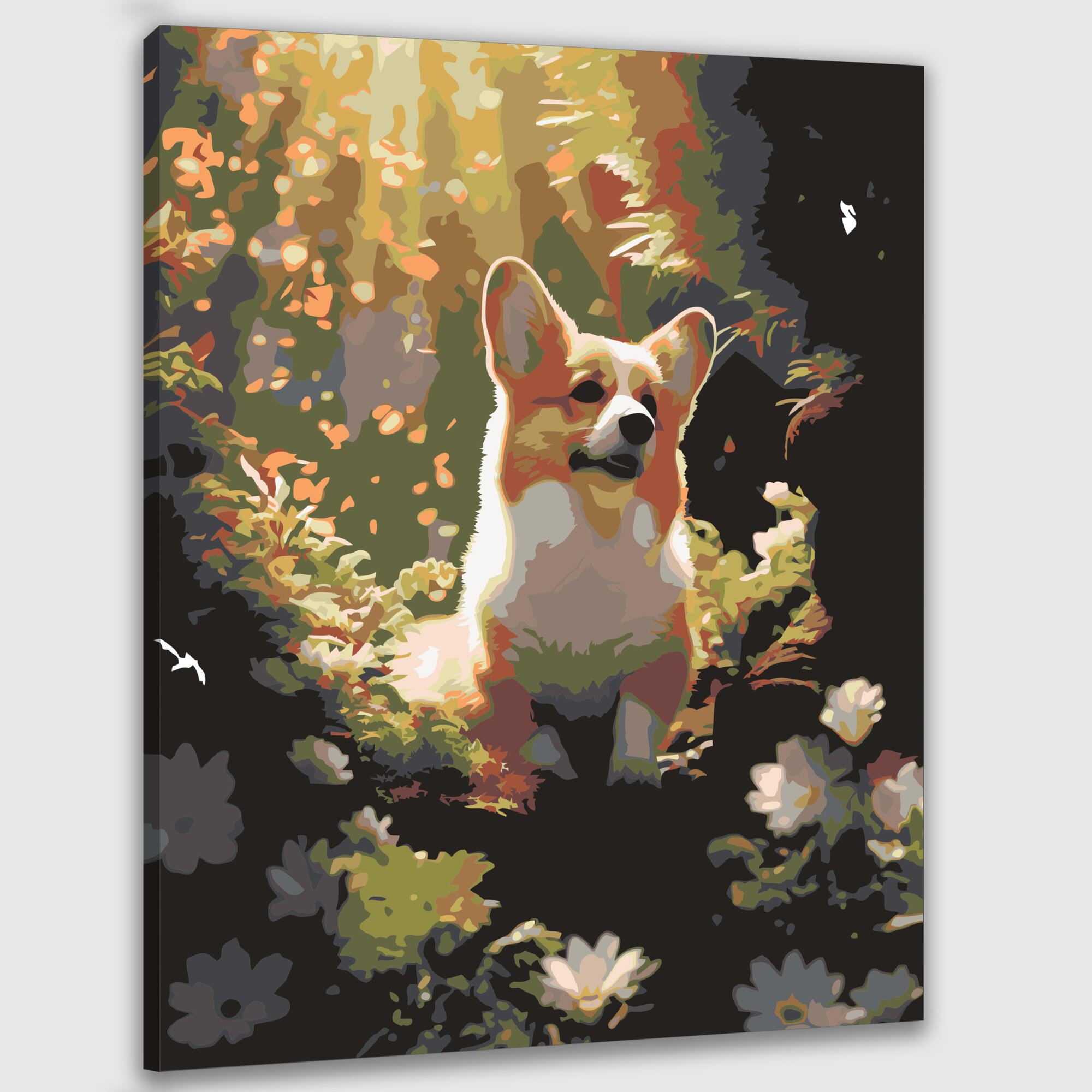 Картина по номерам 40x50 см, щенок корги, фотография, сад, цветы, полный цвет, солнечный свет, листья, взгляд, тепло