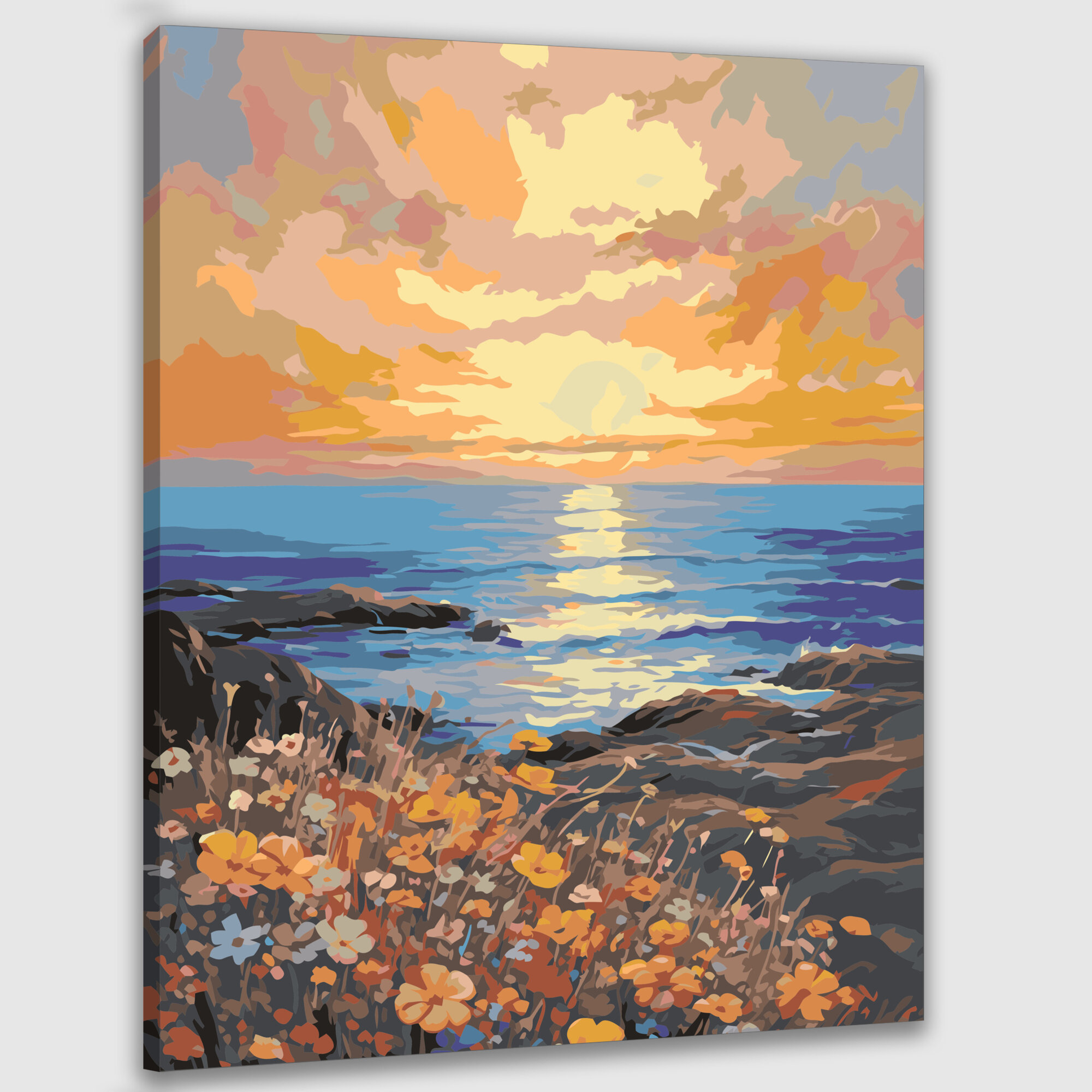 Картина по номерам 40x50 см, картина маслом, импрессионизм, прибрежная сцена, закат, ритмичное движение волн