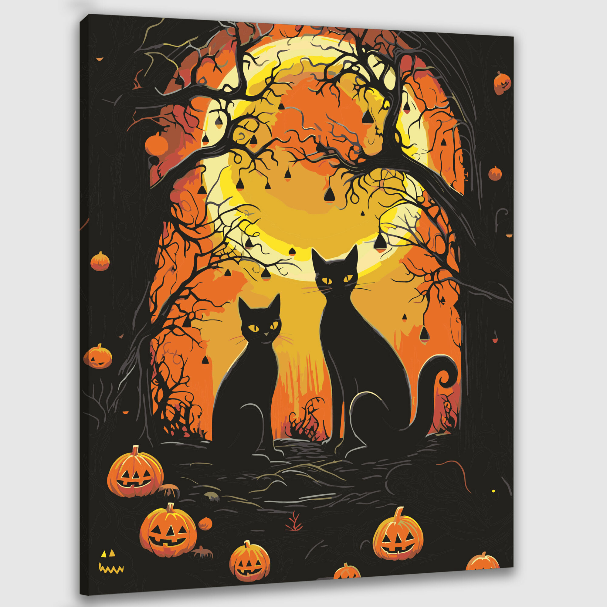 Картина по номерам 40x50 см, картина, рисунок, тушь, встреча, черные кошки, ночь Хэллоуина, гладкие тела, глаза