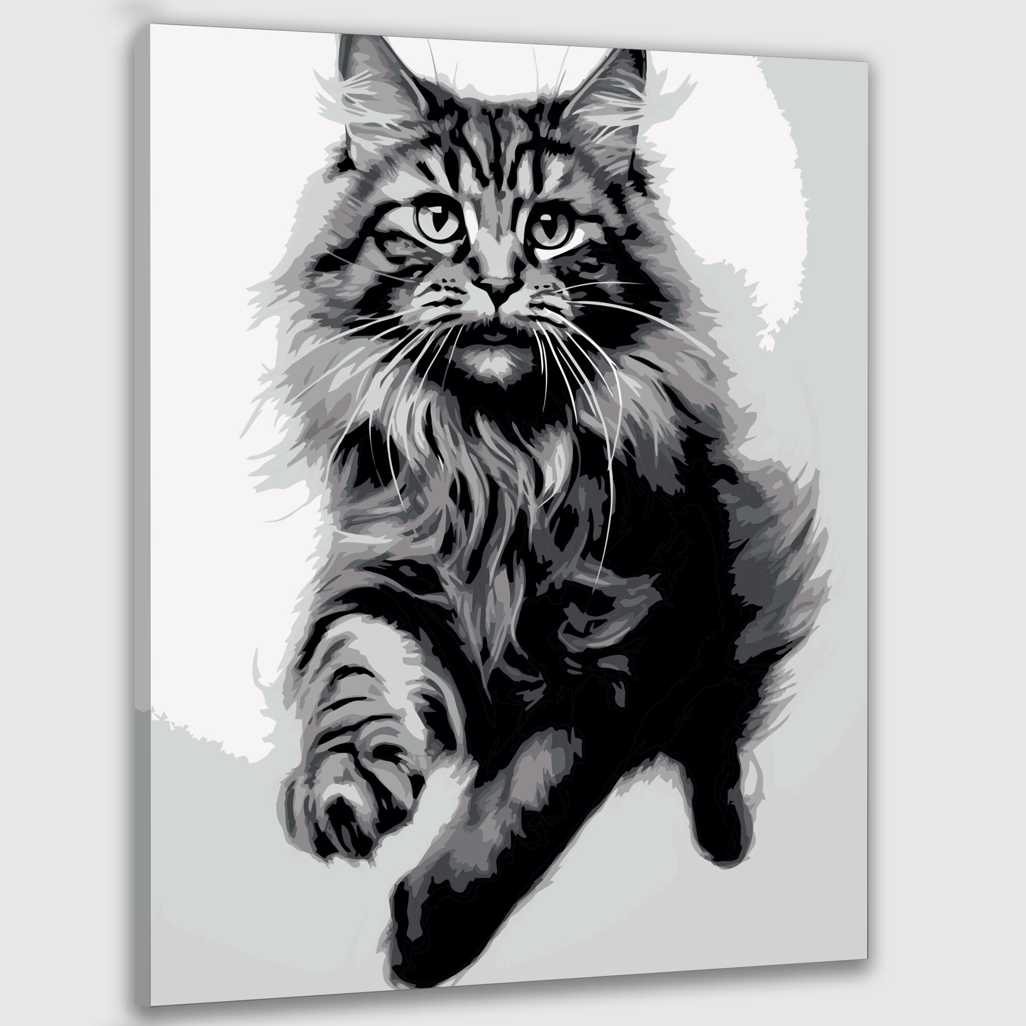 Картина по номерам 40x50 см, уголь, кошка, мейн-кун, прыжок, мех, детали, сила, грация, величественная, фон, освещение
