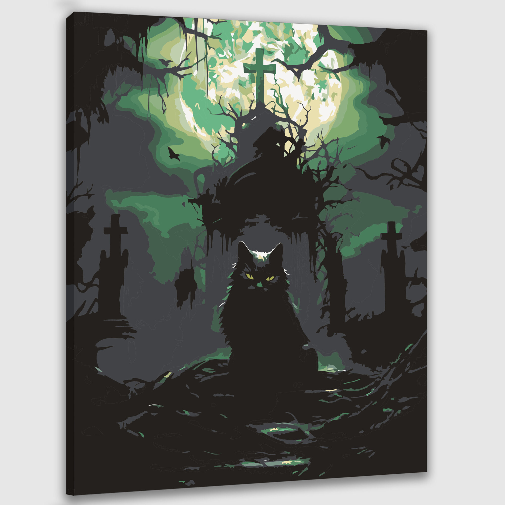 Картина по номерам 40x50 см, цифровая картина, лунный свет, черные кошки, туманное кладбище, зеленые глаза, темная ночь