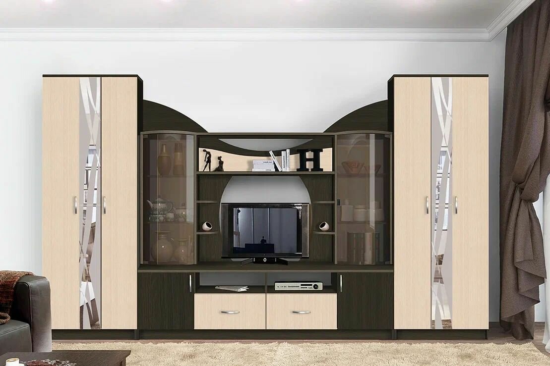 Гостиная Аллегро 5 Дуб Белфорт и Венге линум, ширина 340 см, тумба под тв, шкаф распашной