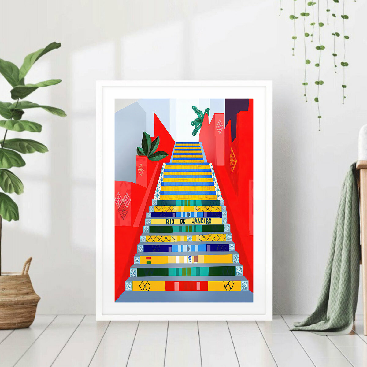 Постер "Лестница в Бразилии, Селарона" в белой рамке 40x50 см для интерьера на стену