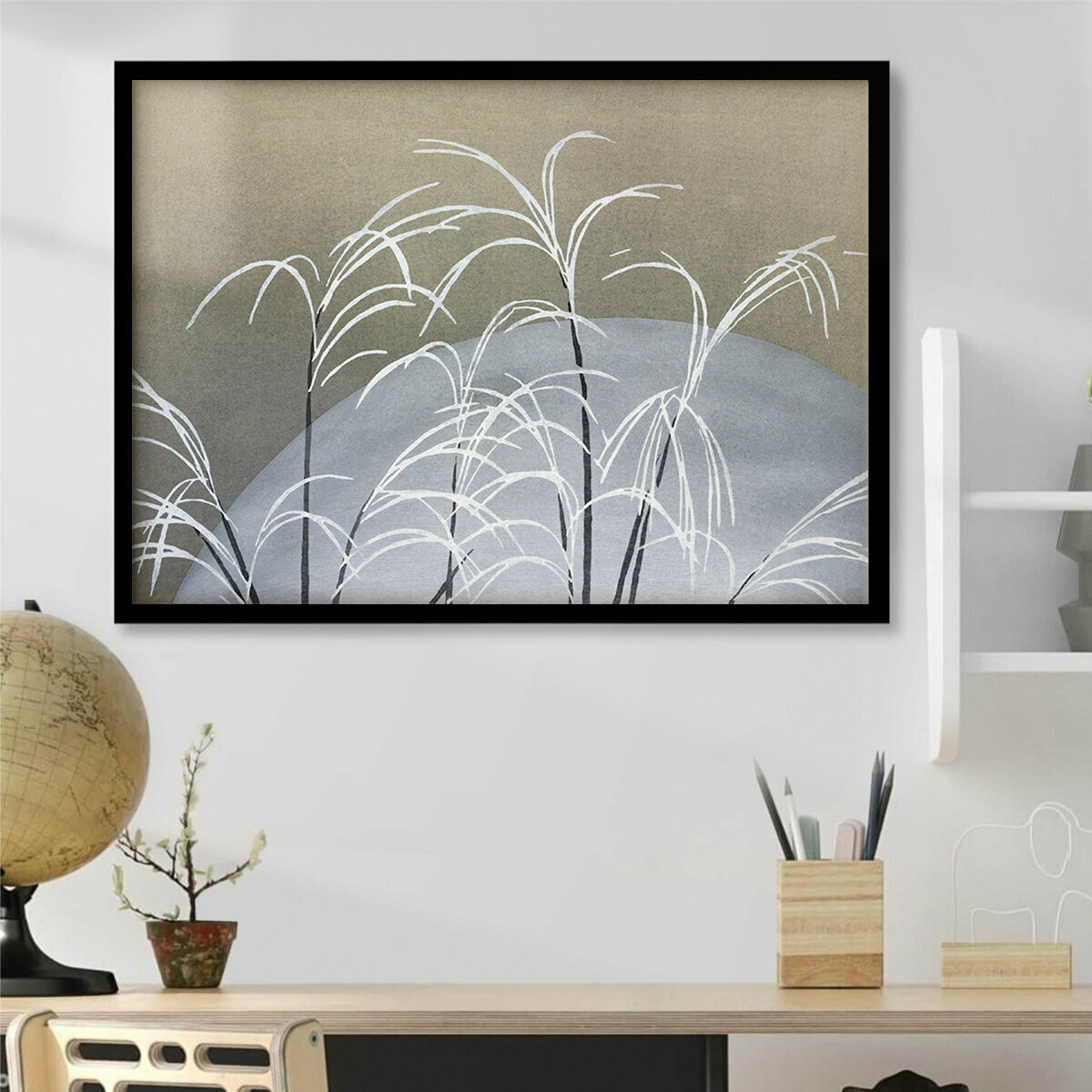 Постер "Китайская живопись белая трава" в черной рамке 40x50 см для интерьера на стену