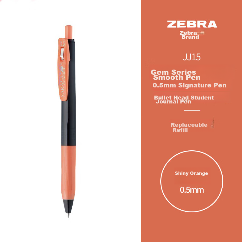 ZEBRA JJ15 Gemstone Series Smooth Pen, 0.5mm Retractable Gel Pen, Bullet Tip Signing Pen, Student Journal Pen, Marker Pen, JJ15-SOR, Bright Orange