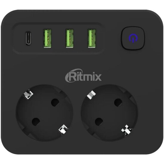 Сетевой фильтр Ritmix RM-023PD 2 розетки, 3 х USB+TypeC, черный (80003765)