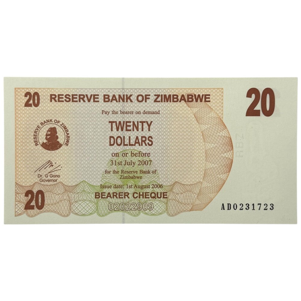 Зимбабве, чек на 20 долларов 2006 г. (Серия AD)