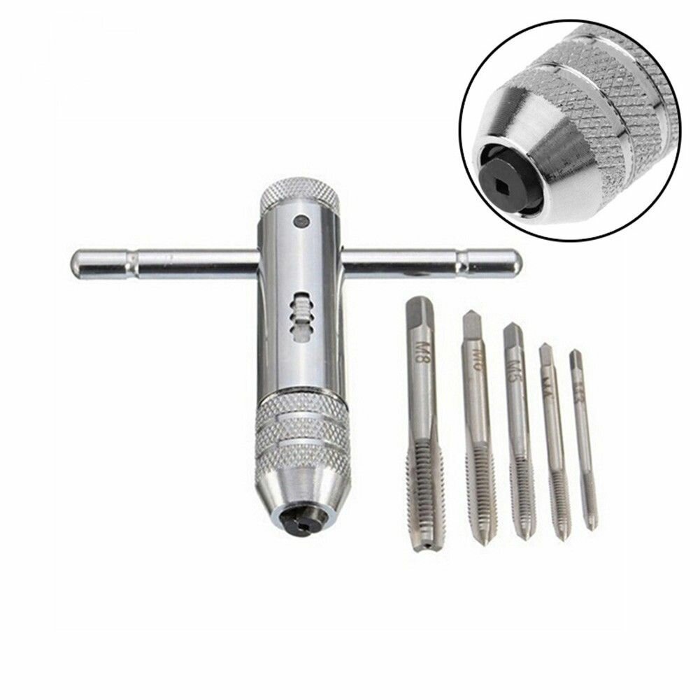 Регулируемый трещоточный ключ с Т-ручкой и набором метчиков M3 M4 M5 M6 M8, стальной хромированный для гаража