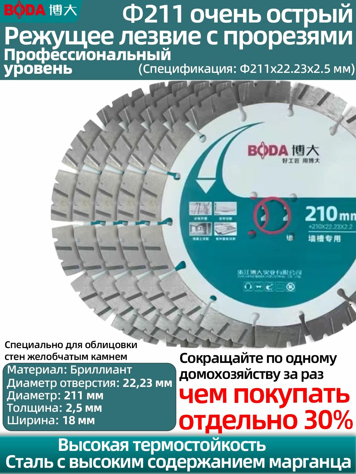 Лист с прорезями, BODA, лист для резки мрамора, алмазный материал, резка бетона, 210 мм,5 комбинированных деталей