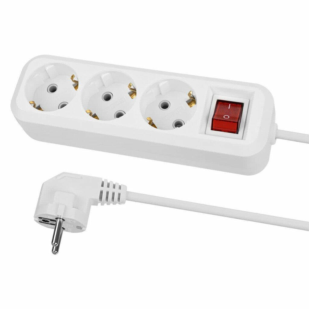 Удлинитель 3 гнезда, 10 м, с заземлением, 16 А, выключатель, 3680 Вт, белый, TDM Electric, Народный