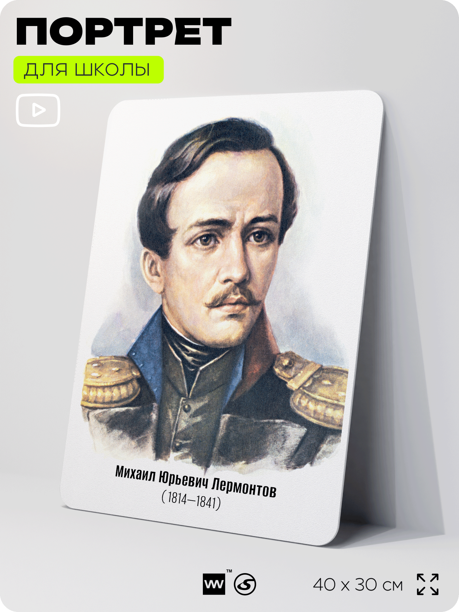 Портрет для школы в кабинет литературы и русского языка "Лермонтов Михаил Юрьевич", стенд школьный для класса, для оформления классного уголка, 40х30 см, Silver Plane x Айдентика Технолоджи